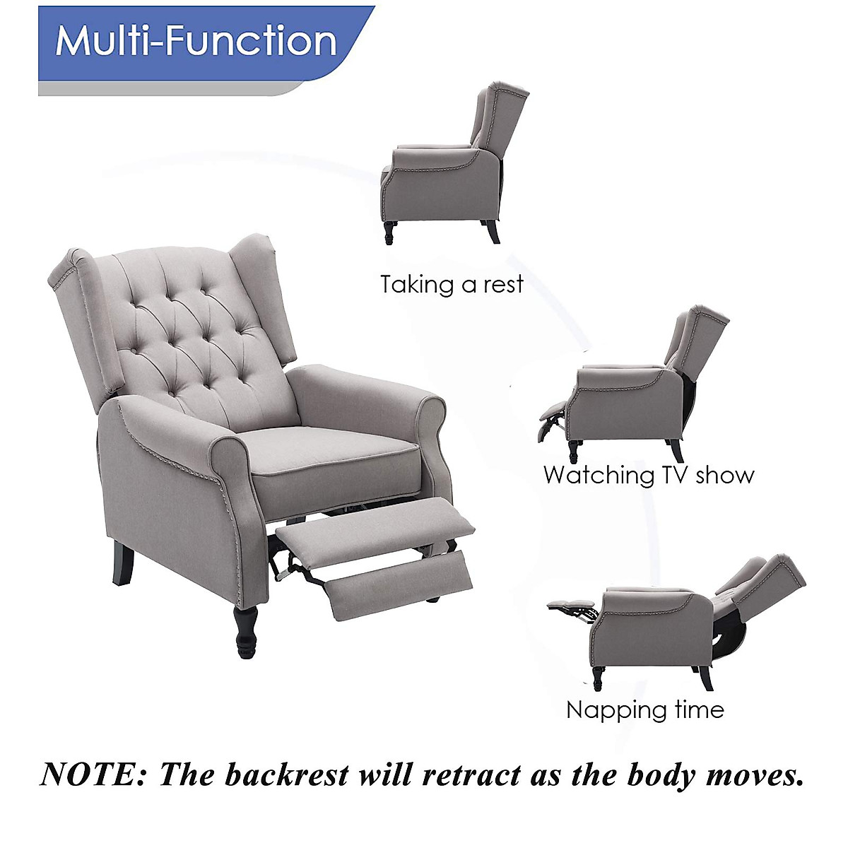 Artechworks Tufted Fabric Push Back Arm Chair Recliner Single Reclining Fabric for Adjustable Club Chair Home Theater Padded Seating Living Room Lounge Modern Sofa Grey