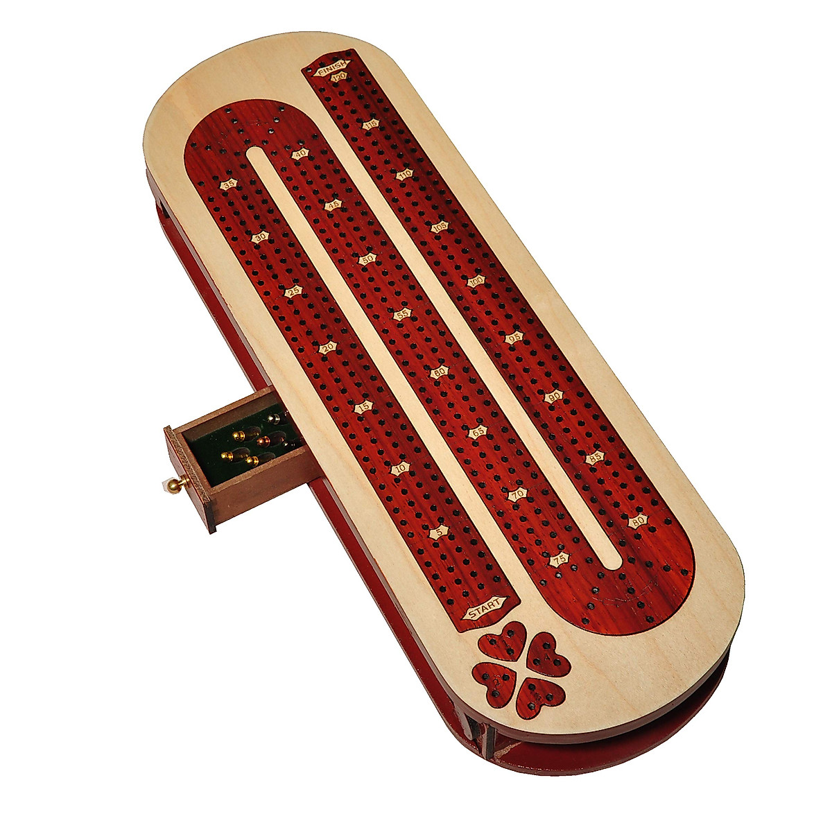 PALM ROYAL HANDICRAFTS 4 Track Wooden Cribbage Board Set Inlaid in Blood Wood and Maple Wood with pegs and Cards Storage Available. 4 Player Cribbage Board (15 x 5 Inches)