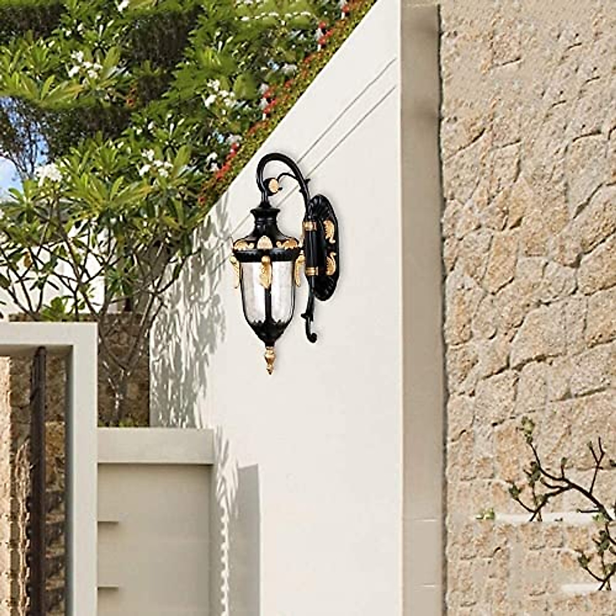 DUBOXX Outdoor Wall Lamp Rustic Loft Mediterranean Style Wall Sconces Black Gold Finish Waterproof Fixture High Clear Glass Antique Wall Light Exterior House Decoration Porch Patio