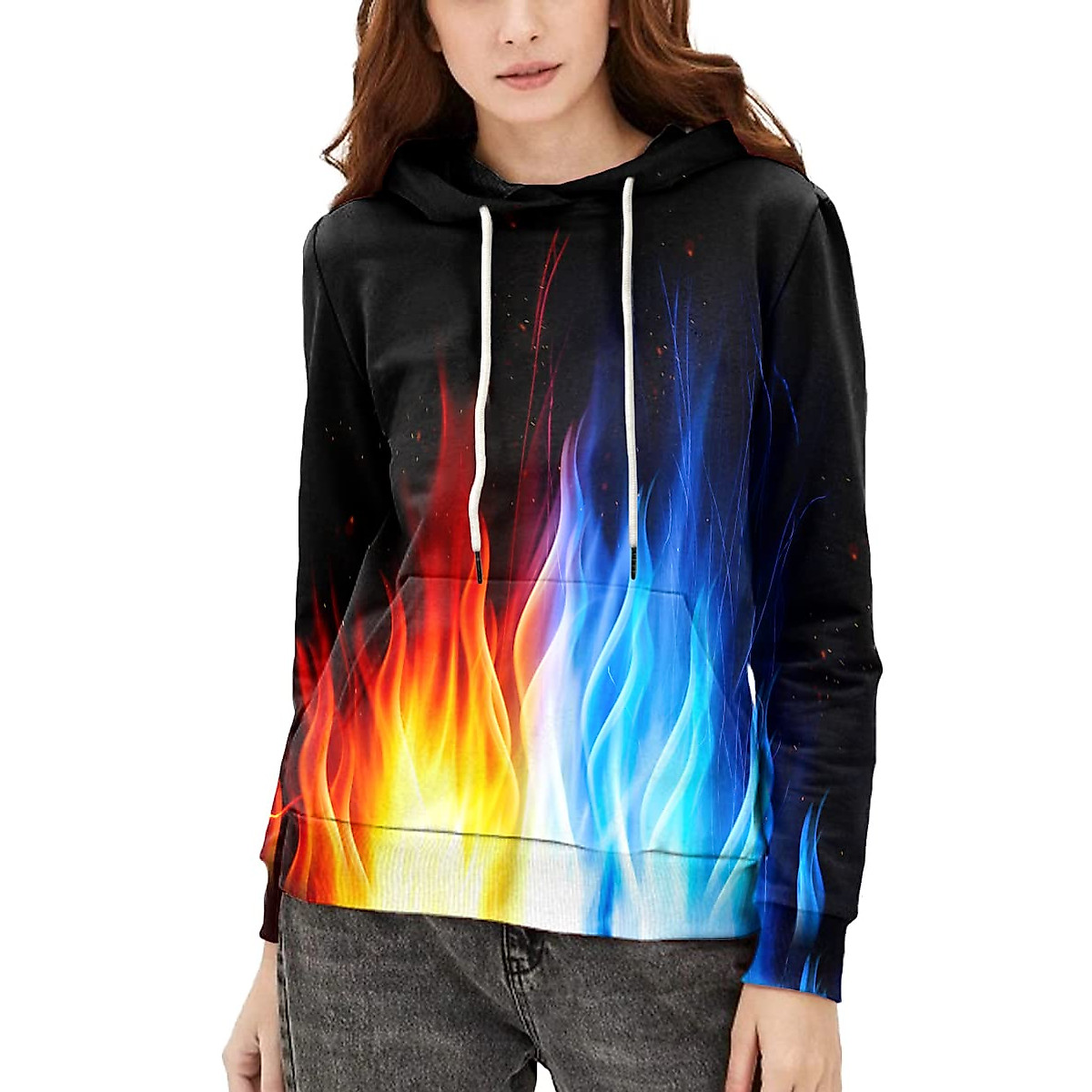 Neemanndy Red and Blue Fire Flame Graphic 3D Hoodies Realistic Print Outer Sports Sweaters for Men and Women, Large