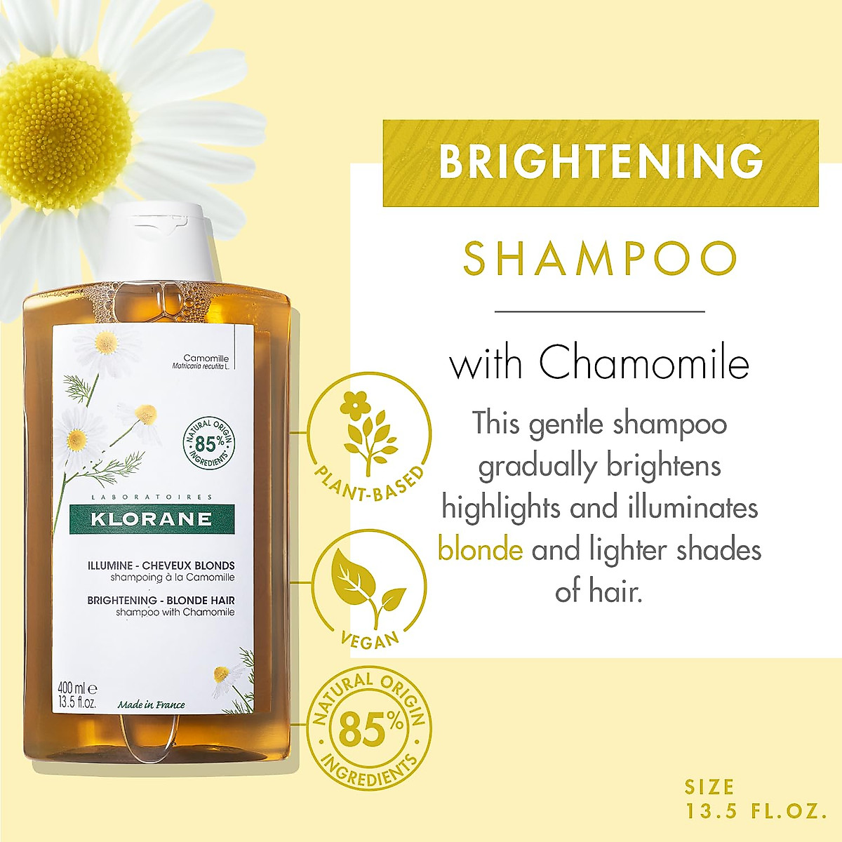 Klorane – Brightening Shampoo with Chamomile – Enhances Highlights & Brightens Blonde Hair – Hydrogen Peroxide, Ammonia, Silicone, Paraben & Sulfate Free – 13.5 fl. oz.