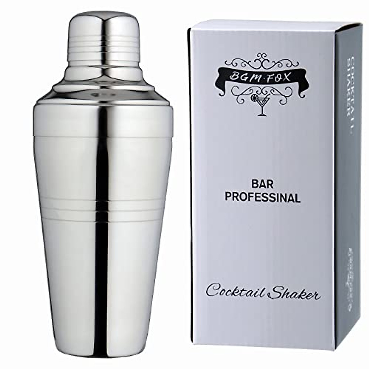 BGM.FOX Premium Stainless steel Cocktail Shaker Martini Shaker with Strainer and Lid Top - Leak Proof,Pro Drink Cobbler Shaker Mixer for Bartender Silver C