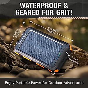 TACAMO® Solar Power Bank Portable Charger - IP67 Waterproof and Dustproof - TSA Compliant - for Backpacking and Camping - Dual USB Port, Fast Charging Battery Pack with 3-Mode Emergency Flashlight