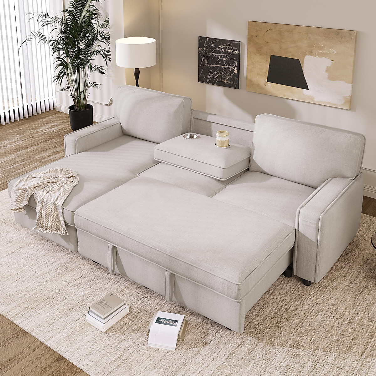 kevinplus 89'' Sectional Sofa Couch L-Shaped with Storage Chaise Lounge for Living Room, Modern 3-Seat Sleeper Sofa Couch with Pull-Out Bed, Cupholder & USB Port, Polyester Fabric, Beige