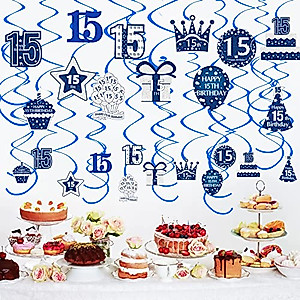 36pcs 15th Birthday Decorations Hanging Swirls Party Supplies for Boys, Silver Blue 15 Year Old Birthday Hanging Decor, Happy Fifteen Birthday Foil Ceiling Swirl Sign Décor