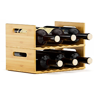 MinBoo Bamboo Wine Bottle Holder, 2 Tier Wine Bottle Holder for Cabinet or Wine Cooler, Stackable Water Bottle Storage Rack, Wine Bottle, Beverage, Cabinet Organizer, Kitchen Countertop, Wine Cooler