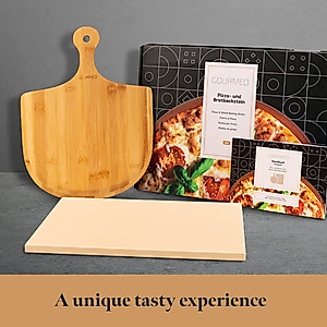 GOURMEO Pizza Stone Pan and Wooden Pizza Paddle - 15x11.8x0.6 inch - Cordiete Bread Beaking Stone w/Pizza Peel - Suitable for Oven & Grill