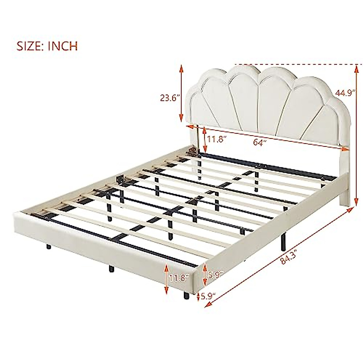 LED Floating Bed Frame Queen Size, Upholstered Platform Bed with Shell Shaped Headboard, Modern Velvet Cloud Beds with Light for Kids Girls Boys Teens Adults, No Box Spring Needed, Beige