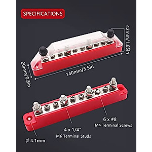 Aienxn Red Battery Bus Bar 4 x M6 Terminal Studs, 6 x M4 Terminal Screws, 12V Power Distribution Block with Ring Terminals for Car, RV, Boat, Marine Q-O-038-10-B-R