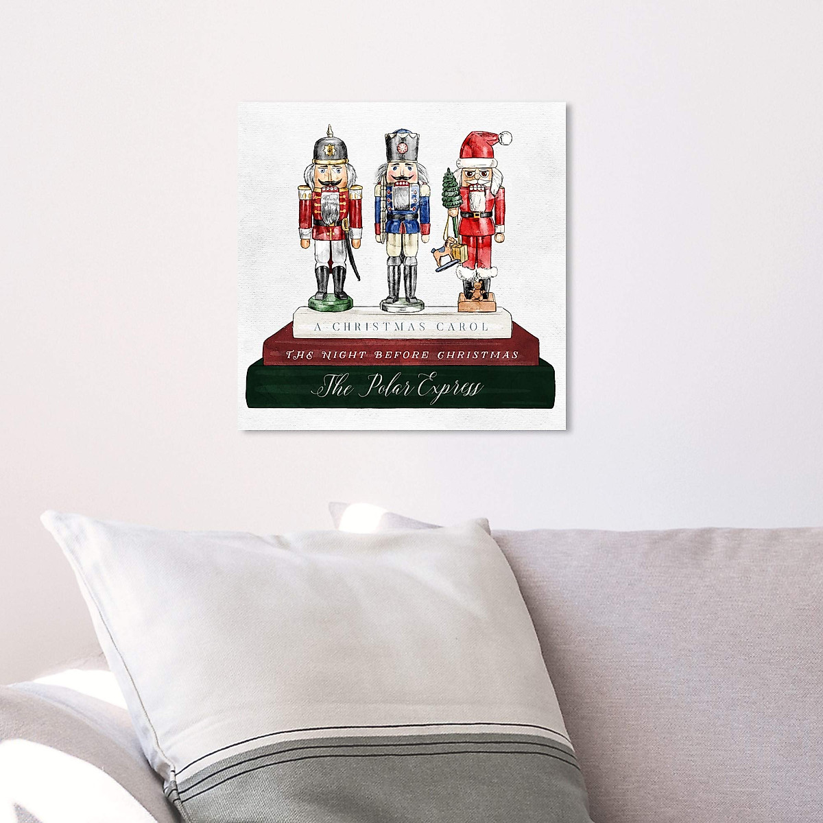 Wynwood Studio WynHoliday Christmas Seasonal Canvas Wall Art Painting Print 'Holiday Nutcracker Books' Christmas Home Décor, 12" x 12", Green, Red