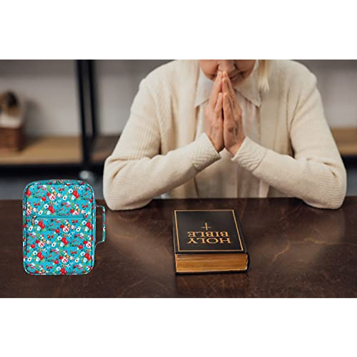 Carrying Bible Bag, Bible Cover for Women, Case Men, Bible Bag with Removable Pen Slots, Durable Zipper Bible Bag Carrying Case with Handle (Green- Flower)
