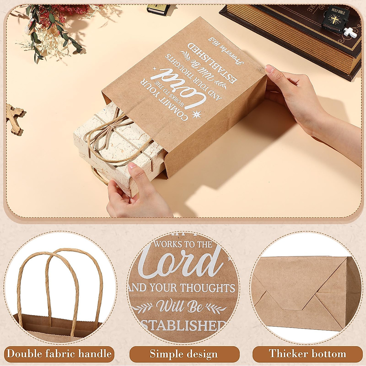 Chiisong 100 Pcs Christian Gift Bags Religious Bible Verse Treat Bags with Handles Inspirational Scripture Church Bag for Sunday School Baptism Guest Birthday Party Favor (Kraft with White)