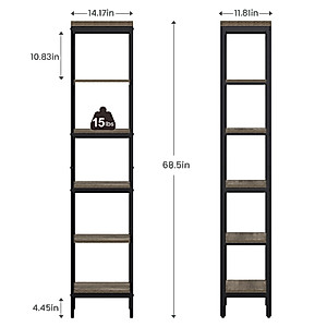 MXARLTR 6 Tier Tall Bathroom Shelf, Narrow Shelving Unit with Steel Frame, Freestanding Slim Storage Rack for Bathroom, Living Room, Bedroom, Kitchen, Bathroom Storage Corner Shelf (Oak Gray)