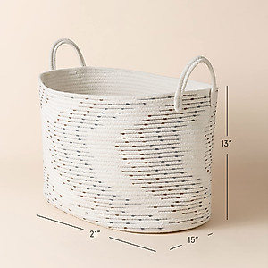 LA JOLIE MUSE Large Cotton Rope Blanket Basket, Soft Woven Laundry Basket for Blankets Toys Yoga Mat, Soft Nursery Storage, 21"(L) x 15"(W) x 13"(H), Oval, Off White with Blue & Brown Dotted Pattern