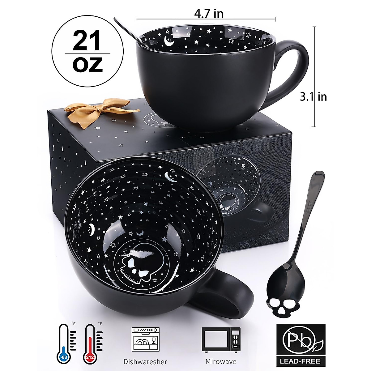 Taruzil Midnight Skull Coffee Mugs with Spoons, Halloween Christmas Birthday White Elephant Gifts for Adult Women Men Friends, Spooky Witchy Gag Fun Gifts Gothis Decor Novelty Tea Cups