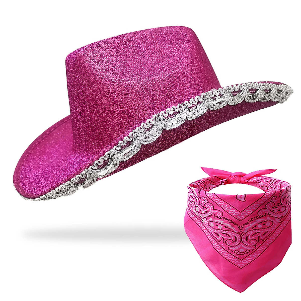 JICASTO Cowboy Hat Pink Cowgirl Hat with Sequins & Tiara Crown for women Rodeo Party Hats with Heart Glasses (Glitter Fringed Hot Pink)