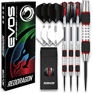 RED DRAGON Evos Tungsten Steeltip Darts Set - 28g with Flights, Stems and Wallet