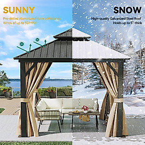 DWVO 10x10ft Hardtop Gazebo Double Roof with Nettings and Curtains, Heavy Duty Galvanized Steel Outdoor Vertical Stripes Roof for Patio, Backyard, Deck, Lawns, Brown