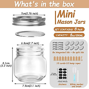 Sublaga Small Mason Jars 8 Pack 8oz/250ml with Regular Lids, Glass Canning Jars With Labels, Mini Glass Jars for Jam Jelly Spice Honey Herbs, Wedding Shower Favors Food Storage Candle Jars