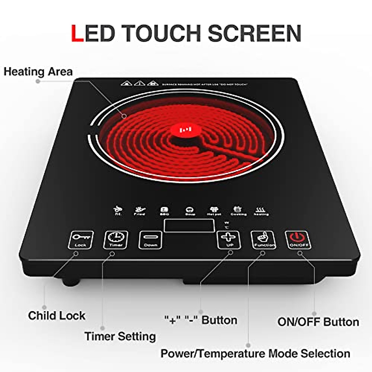 Electric Cooktop, Portable Electric Cooktop 1800W Single Burner Stove with LED Touch Screen, 8 Power & 8 Temperature Levels, Timer, Microcrystalline Panel,120V Energy Saving Hot Plate for Home Camping