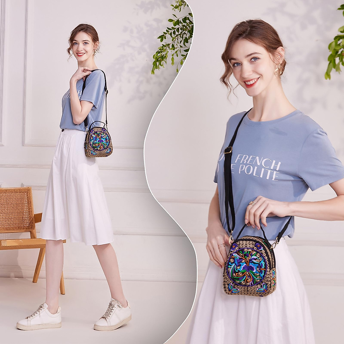 Embroidery Canvas Shoulder Bag Women Vintage Boho Mini Crossbody Bag Handbag Cell Phone Pouch (Purple)