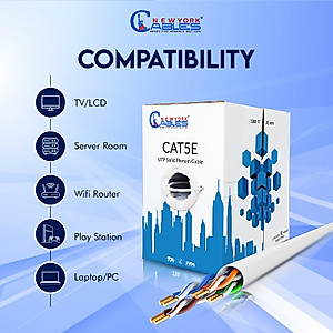 NewYork Cables - Cat5e Plenum Cable 1000ft (CMP) - 100% Solid Bare Copper -100 MBit/s 350 MHz Unshielded Twisted Pair (UTP) Cat 5e Ethernet Cables