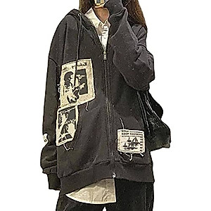 Cbsdezanos Women Oversized Zip Up Hoodie Y2k Vintage Graphic Hooded Sweatshirt Grunge Fairycore Jacket Coats Harajuku Streetwear
