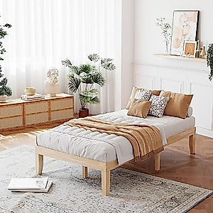 Giantex Twin Wood Platform Bed Frame, 14 Inch Solid Rubber Wood Mattress Foundation, Heavy Duty Wood Slats Support, No Box Spring Needed, Easy Assembly, Natural