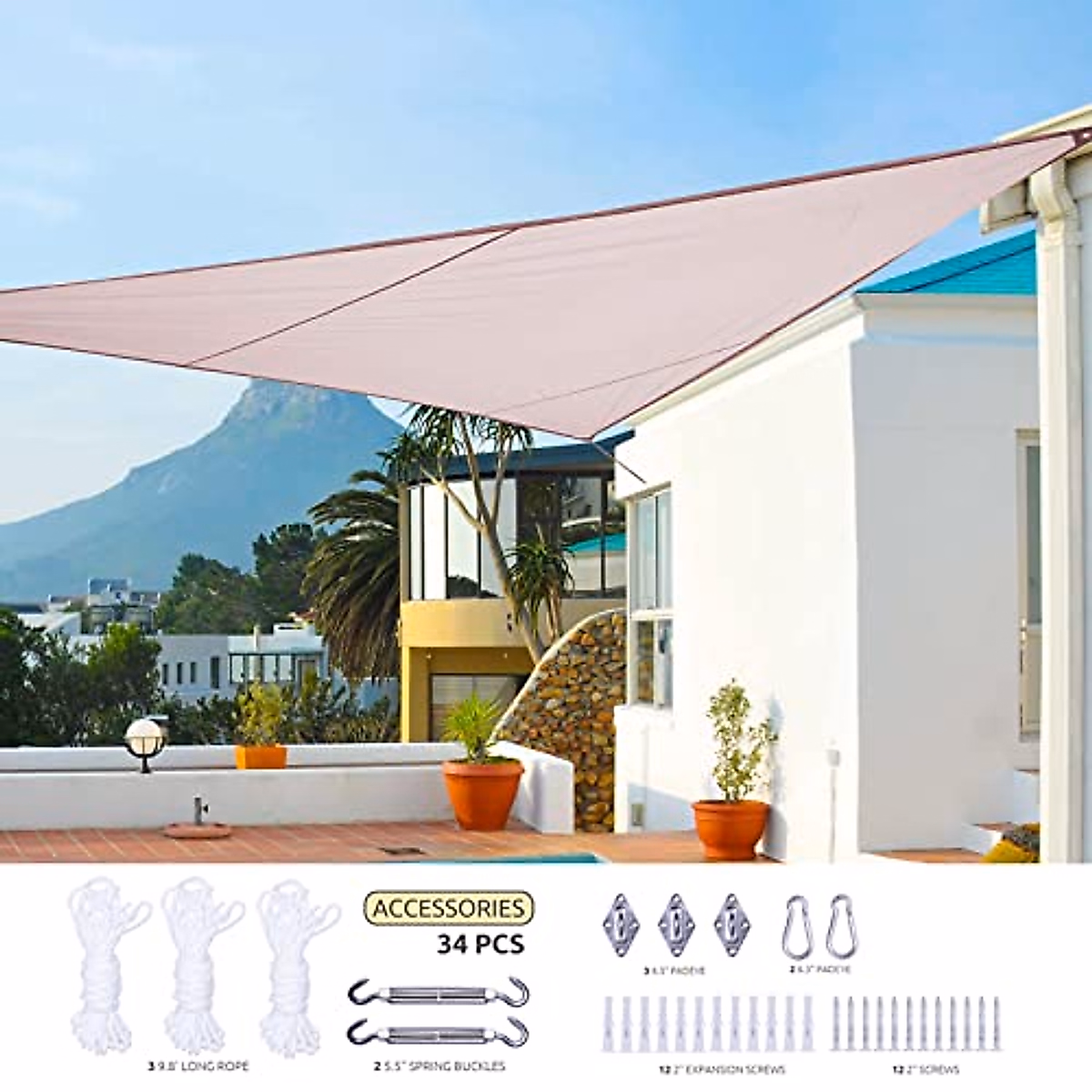 MordenApe Sun Shade Sail with Hardware Kit, UV Block Shade Sail Set, Outdoor Sun Shade Canopy for Patio Backyard Garden with Accessories(12' x 12' x 12', Beige | Triangle)