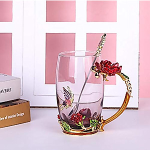 Guon-Wuvl Handicraft Crystal Glass 3D Flower Cups Tea Mug With Tea Spoon Women Coffee, Tea, Juice, Beer, Milk Hot And Cold Drinks Use Gift Package. (Rose Red Coffee Cup, 12 OZ)
