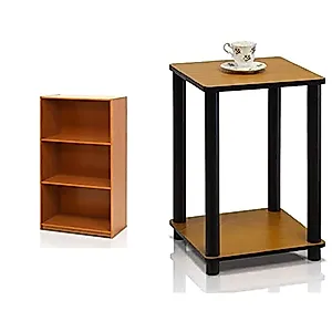 Furinno Basic 3-Tier Bookcase Storage Shelves, Light Cherry & Turn-N-Tube End Table, 1-Pack, Light Cherry/Black