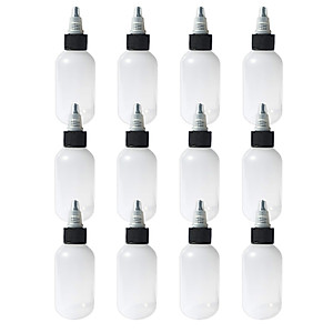 510 Central Twist Top Squeeze Bottles (2oz, 12 Pack) Boston Round with Dispensing Caps - LDPE Plastic - Made in USA