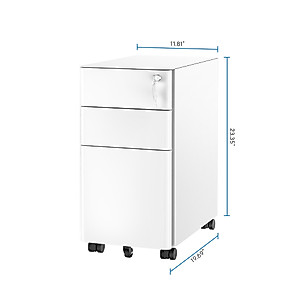Mount-It! Mobile File Pedestal, File Cabinet with 3 Drawers, Slim Design Under Desk Storage for Files, Folders and Office Supplies, Organizer Cabinet with Lock for Home and Office, White