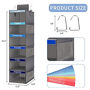Fixwal 6-Shelf Weekly Clothes Organizer for Kids, Kids Daily Shelf Hanging Closet Organizer with 6 Side Pockets, Days of The Week Hanging Storage Shelves (Dark Grey)