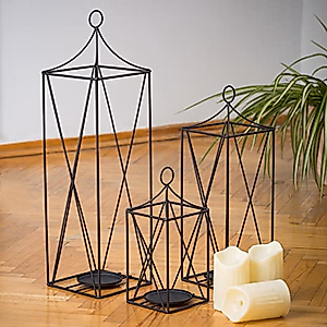 Set of 3 Tall Metal Lanterns 24’’ & 19’’ & 13’’ Elegant Decorative Lantern with Pillar Candle Holder, Garden Porch Night Indoor/Outdoor for Wedding Décor, Party, Christmas (Black)