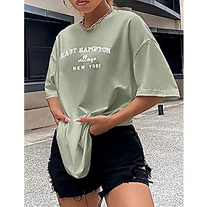 Lauweion Women Drop Shoulder East Hampton Letter T-Shirt Oversized Graphic Baggy Trendy Tee Shirt Top Green