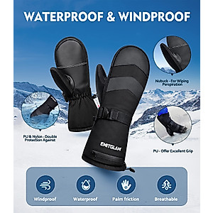 EMITGLAM 2 in 1 Winter Ski Mittens for Men & Women with Fleece Glove Liners, Waterproof Winter Ski Gloves Made with 3M C100 Insulation, 5-Layer Fabric Snowboard Mittens with Touchscreen Inner Gloves