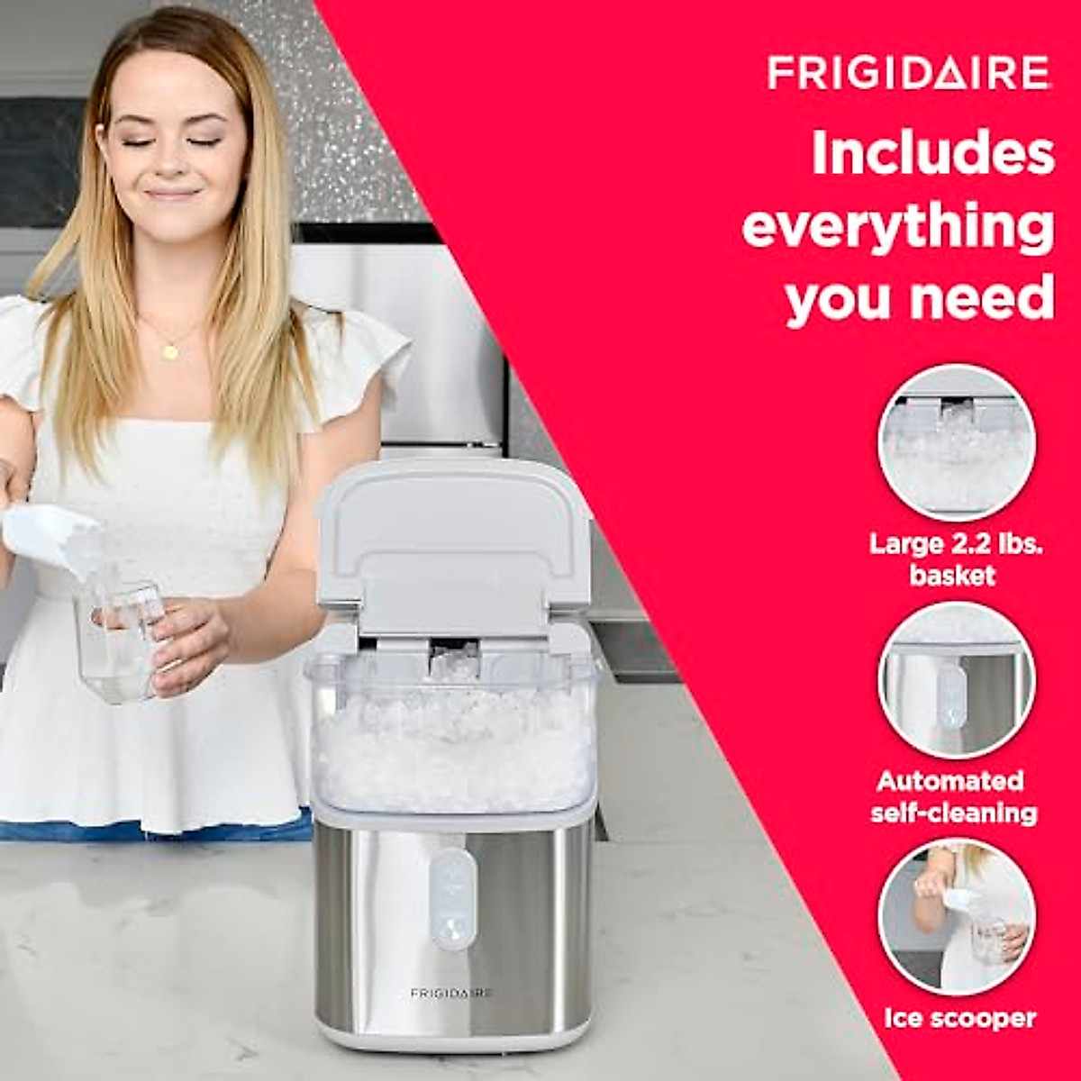 Frigidaire Countertop Crunchy Chewable Nugget Ice Maker, Compact, 33lbs per Day, Metallic Finish
