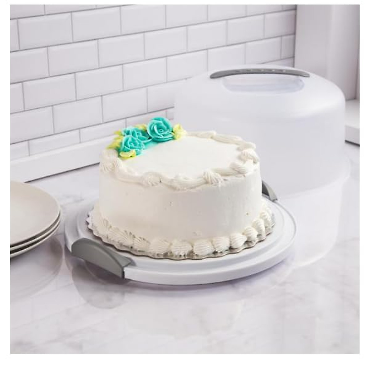XL Cake and Cupcake Carrier & Holder, Storage Container With Lid and Handle, Holds up to 12 inch 3-layer cake, White Gray Translucent Dome - Perfect for Transporting Cakes, Cupcakes, or Other Desserts