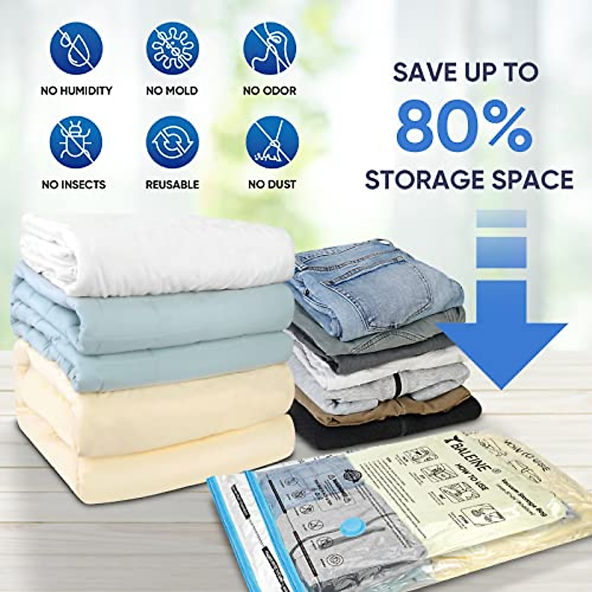 BALEINE Vacuum Storage Bag Space Saving Compression Sealer Bags for Moving, Hand Pump Included (Large 6 Pack)