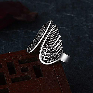 925 Silver Ladies Angel Wings Ring Vintage Thai Silver Stained Black Angel Wings Open Ring Hip Hop Rock Eternity Engagement Wedding Anniversary Band Cocktail Ring 592 (black)