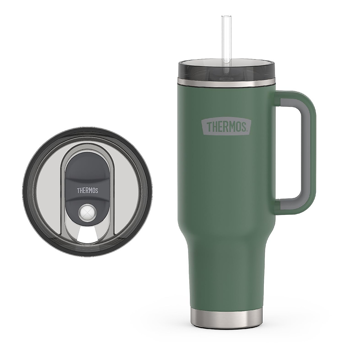 THERMOS Stainless Steel Cup Holder Mug - 40 Ounce, Alpine Green - Insulated Tumbler with Lid and Straw, Plus Leak-Resistant Slide Lock