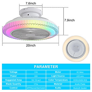 EIDEARAY 20" Low Profile Ceiling Fan with Light Bladeless RGB Ceiling Fans with Bluetooth Speaker 6 Wind Speeds Flush Mount Fan Light with Remote Control & App for Bedroom Living Room Dining Room