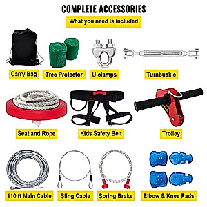 VEVOR Zip line Kits for Backyard 110FT, Zip Lines for Kid and Adult, Included Swing Seat, Zip Lines Brake, and Steel Trolley, Outdoor Playground Equipment Red