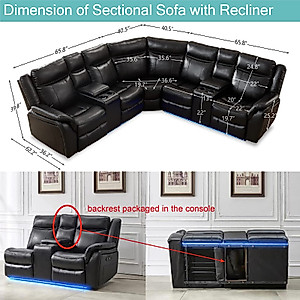 Comfort Stretch Sectional Recliner Sofa Set with LED Lights Power Reclining Couch Faux Leather Consoles Storage Boxes/USB Port/Cup Holders Living Room Furniture Home Theater Seating, Black