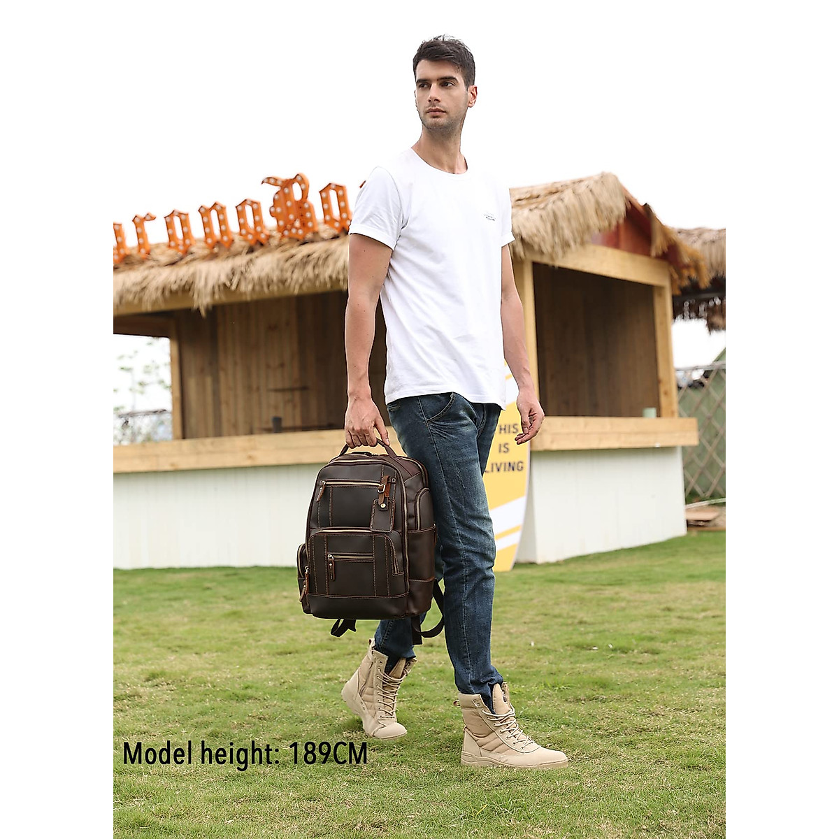 LANNSYNE Men's Vintage Full Grain Leather 15.6 Inch Laptop Backpack Camping Travel 24L Rucksack