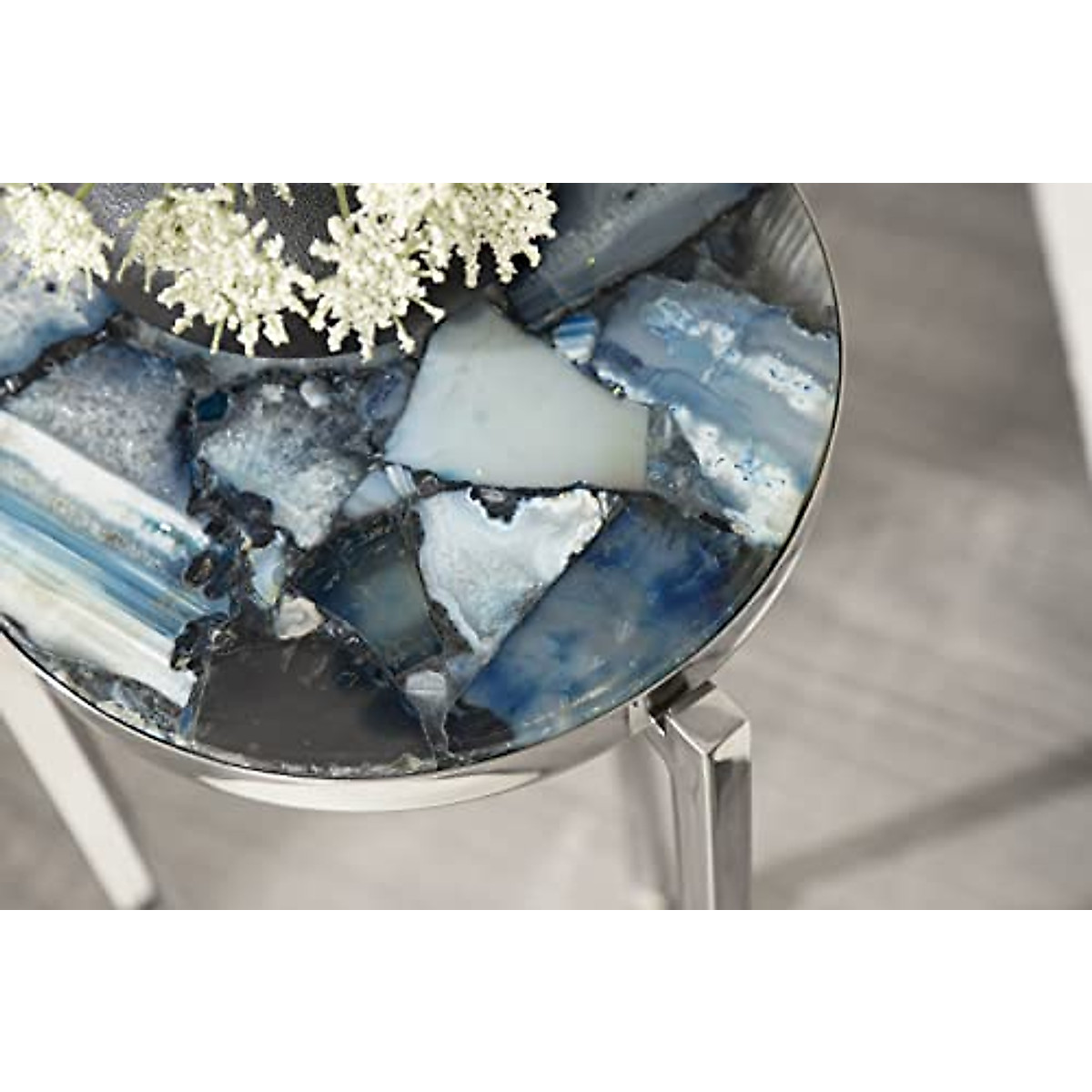 Kate and Laurel Aguilar Modern Round Drink Table, 8 x 8 x 23, Blue and Silver, Small Accent Table for Use as Plant Pedestal Stand with Agate Stone Tabletop