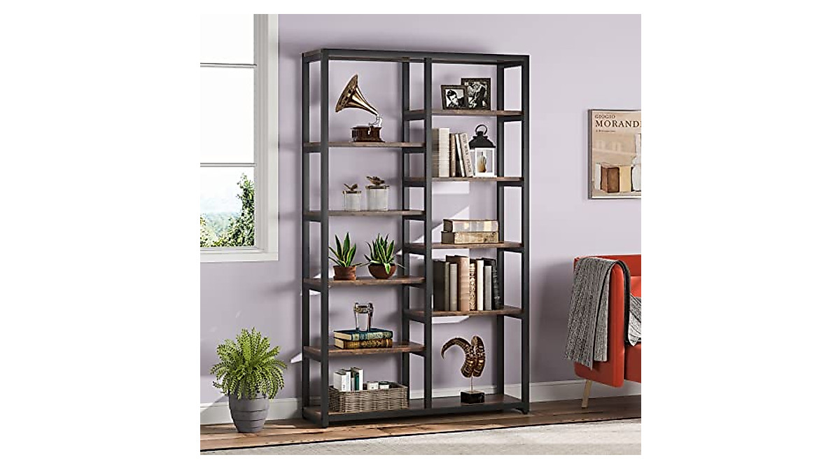Tribesigns Rustic 10-Shelf Bookcase - Industrial Style