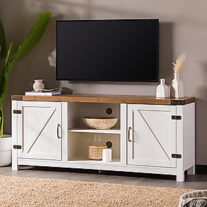 Walker Edison Larae Modern Farmhouse Two-Tone Barn Door Stand for TVs up to 65 Inches, Without Fireplace, Rustic Oak/White