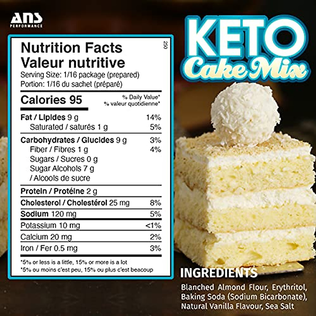 ANS Performance Keto Cake Mix - Low Carb Keto Baking Mix - Vanilla Zero Added Sugar - Naturally Sweetened - Gluten-Free Treat - Vegetarian Friendly